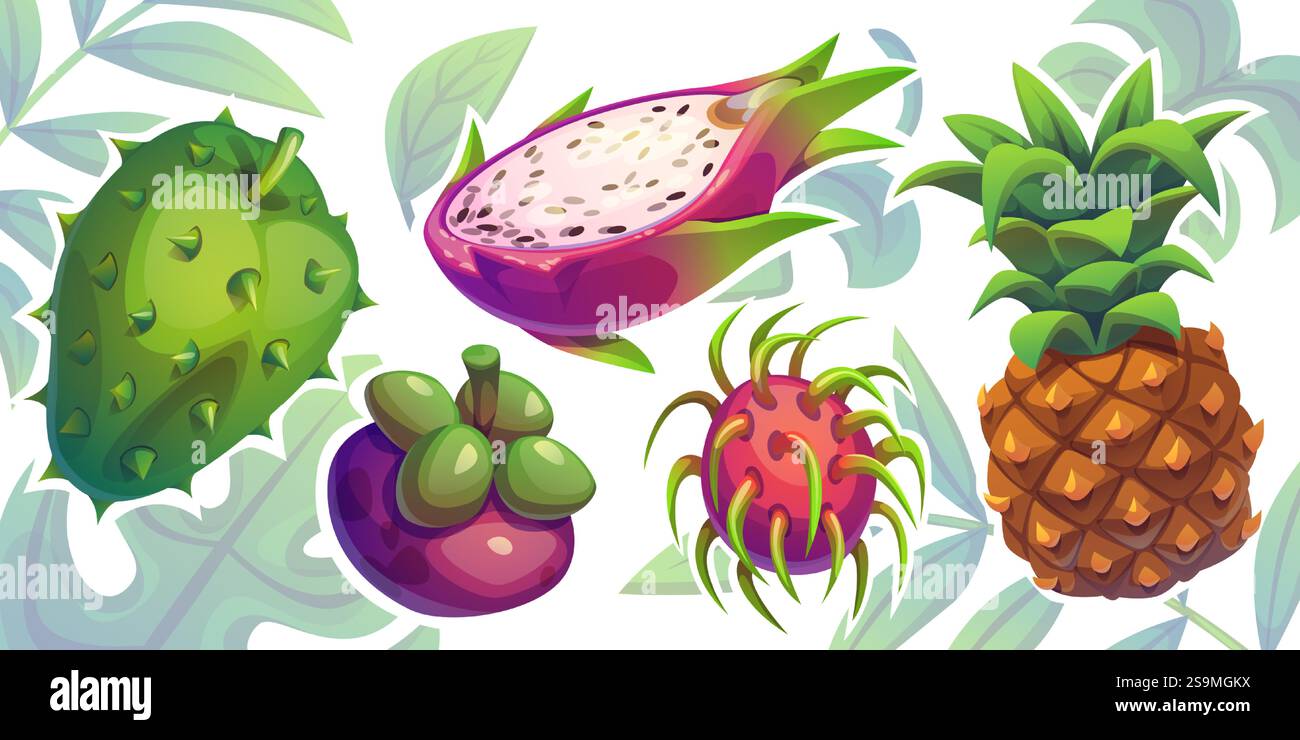 Tropical fruits set with spiky soursop, sliced dragon fruit, purple ...
