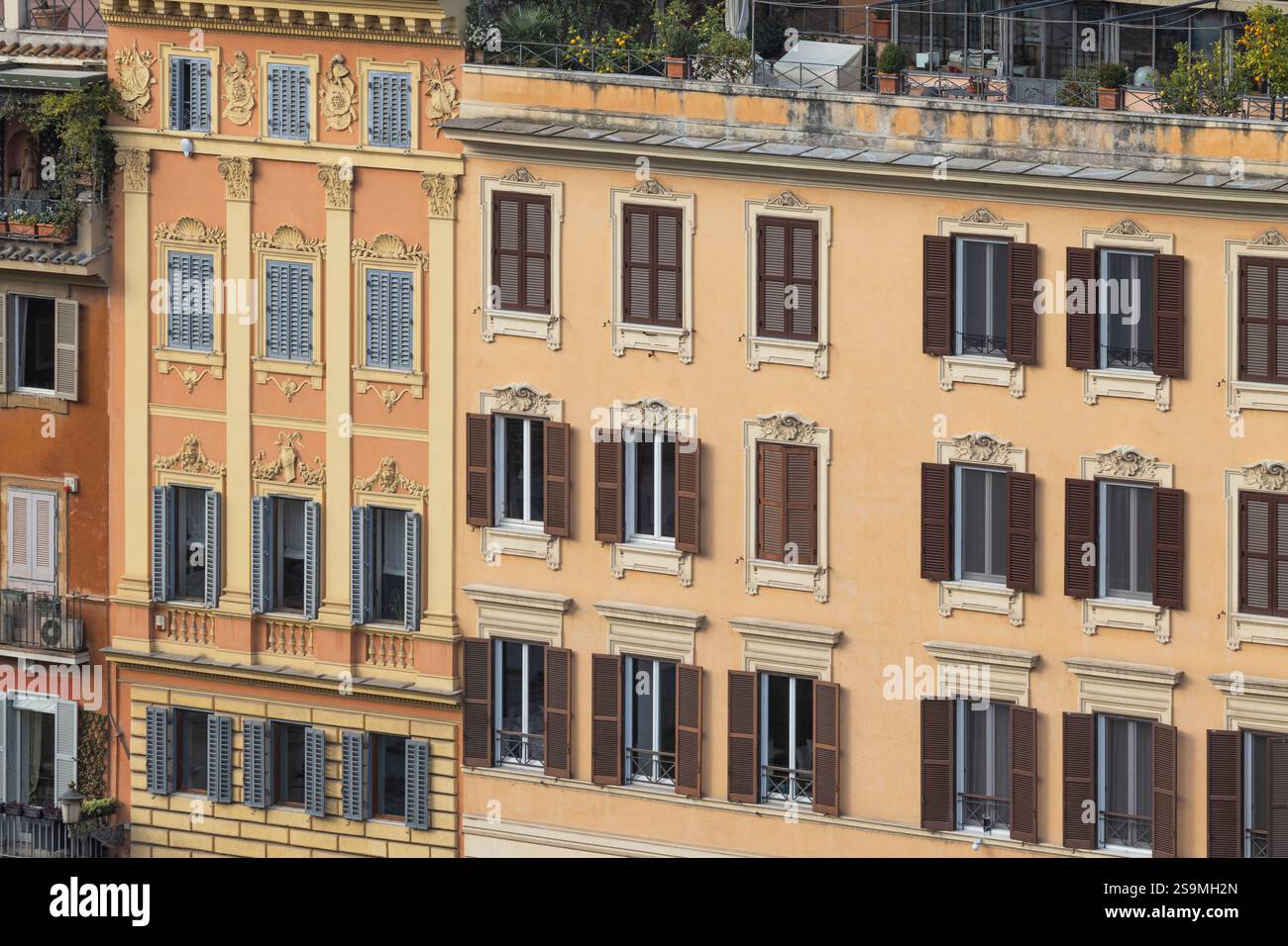 Traditional Rome buildings facades viewed from Orange Gardens. Rome ...