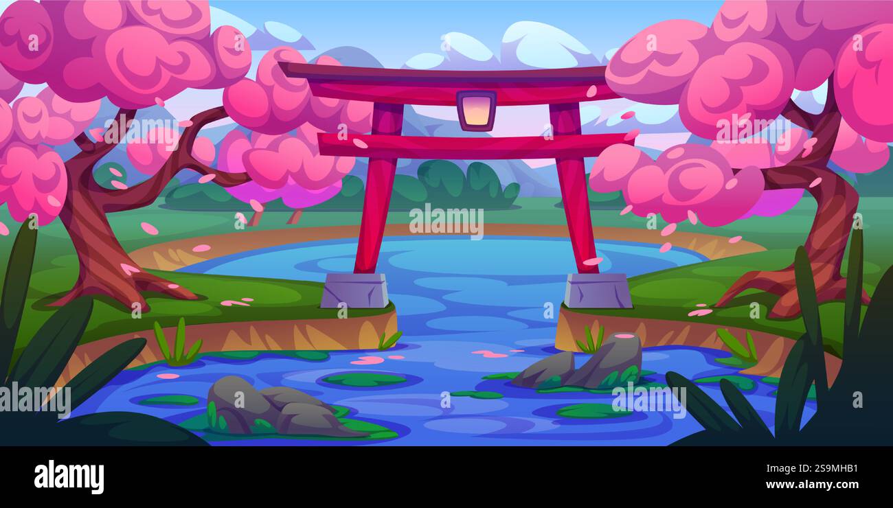 Japanese pond landscape with red torii gate across tranquil lake water ...