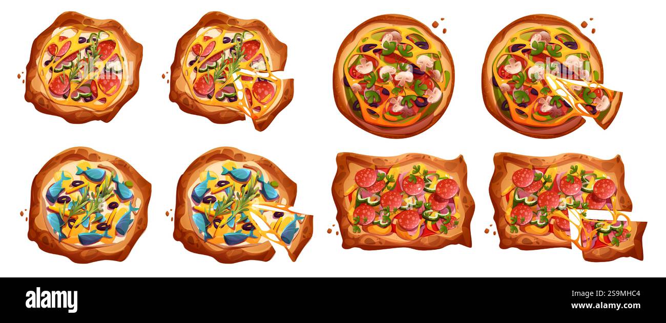 Cartoon pizza set top view - food stickers. Baked round and rectangular ...