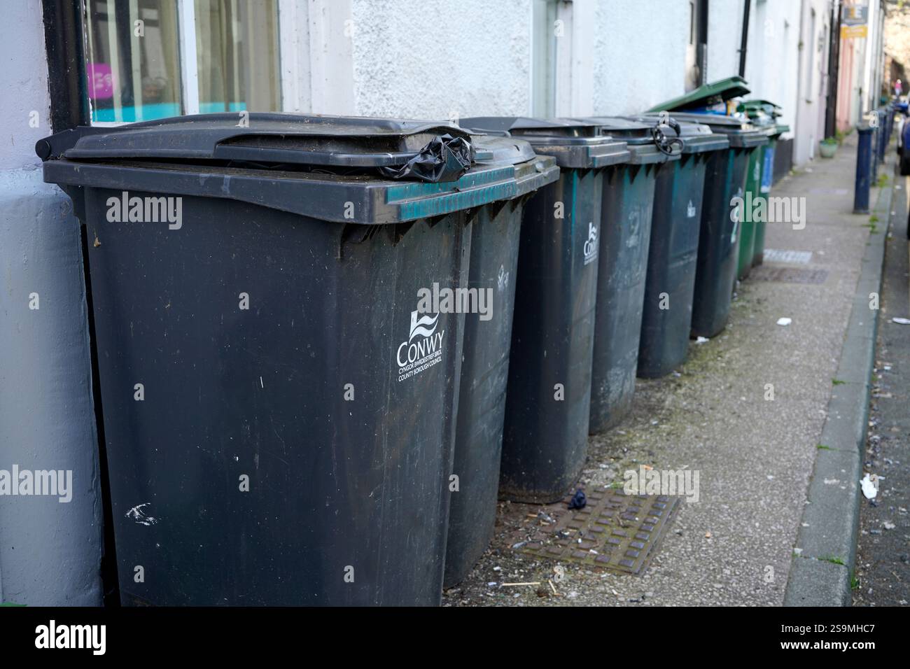 Row of waste bins Welsh town of Conwy North Wales UK July 2024 Stock ...