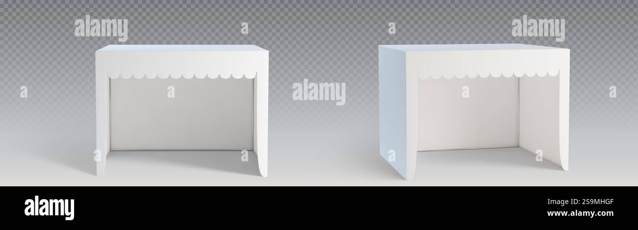 White tent booth mockup set with decorative scalloped valance - empty ...