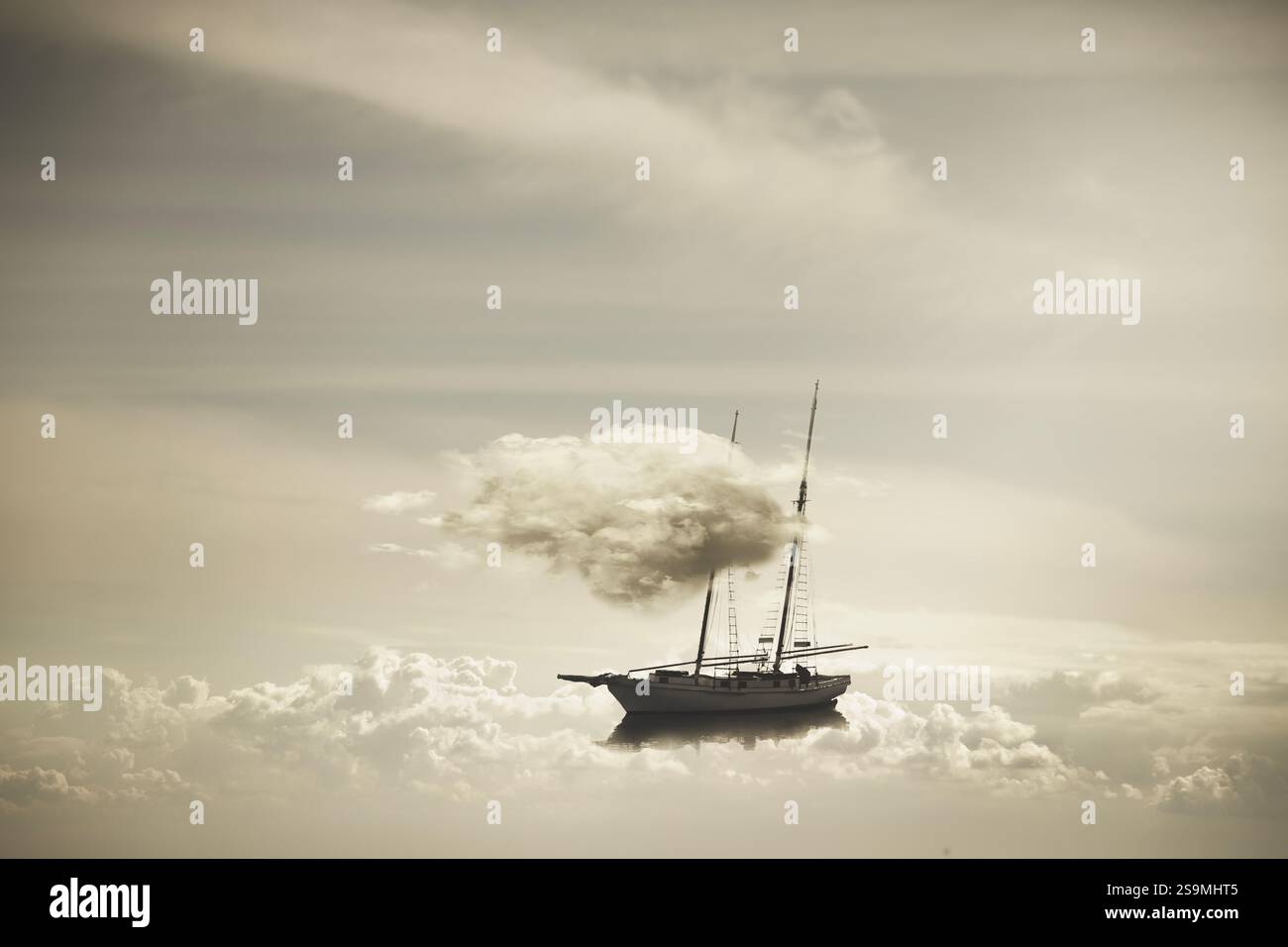 Sailboat with cloud instead of sail floating in the sky above a sea of ...