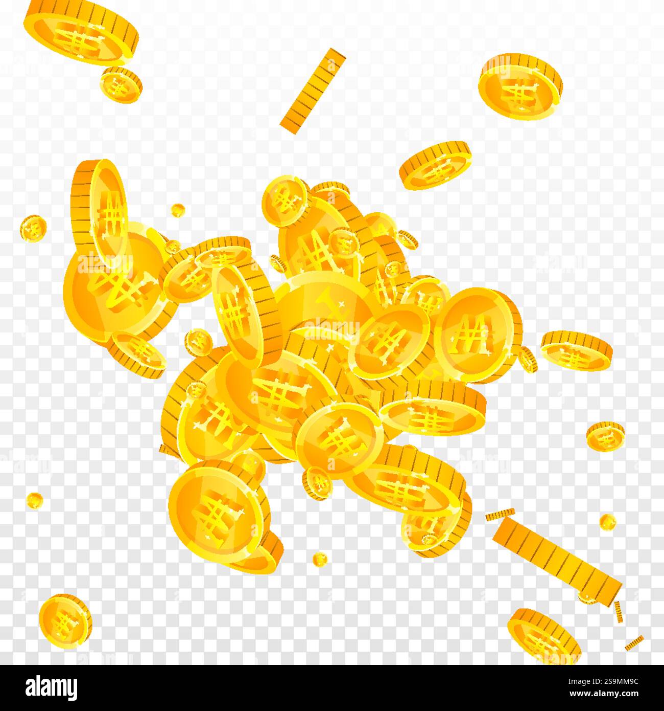 Korean won coins falling. Scattered gold WON coins. Korea money. Global ...