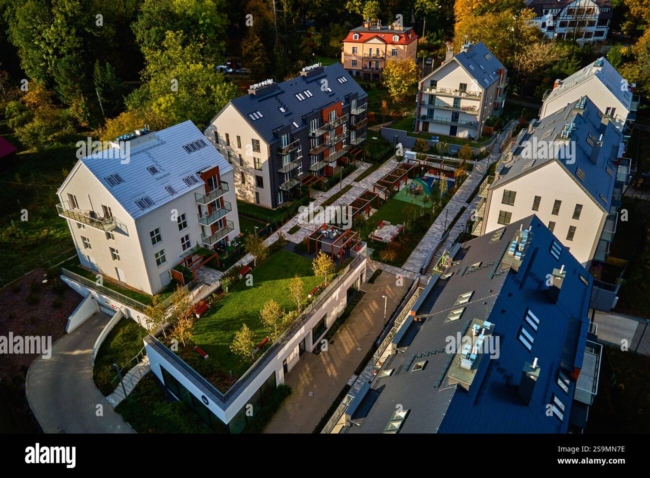 Aerial view of modern residential neighborhood with contemporary ...