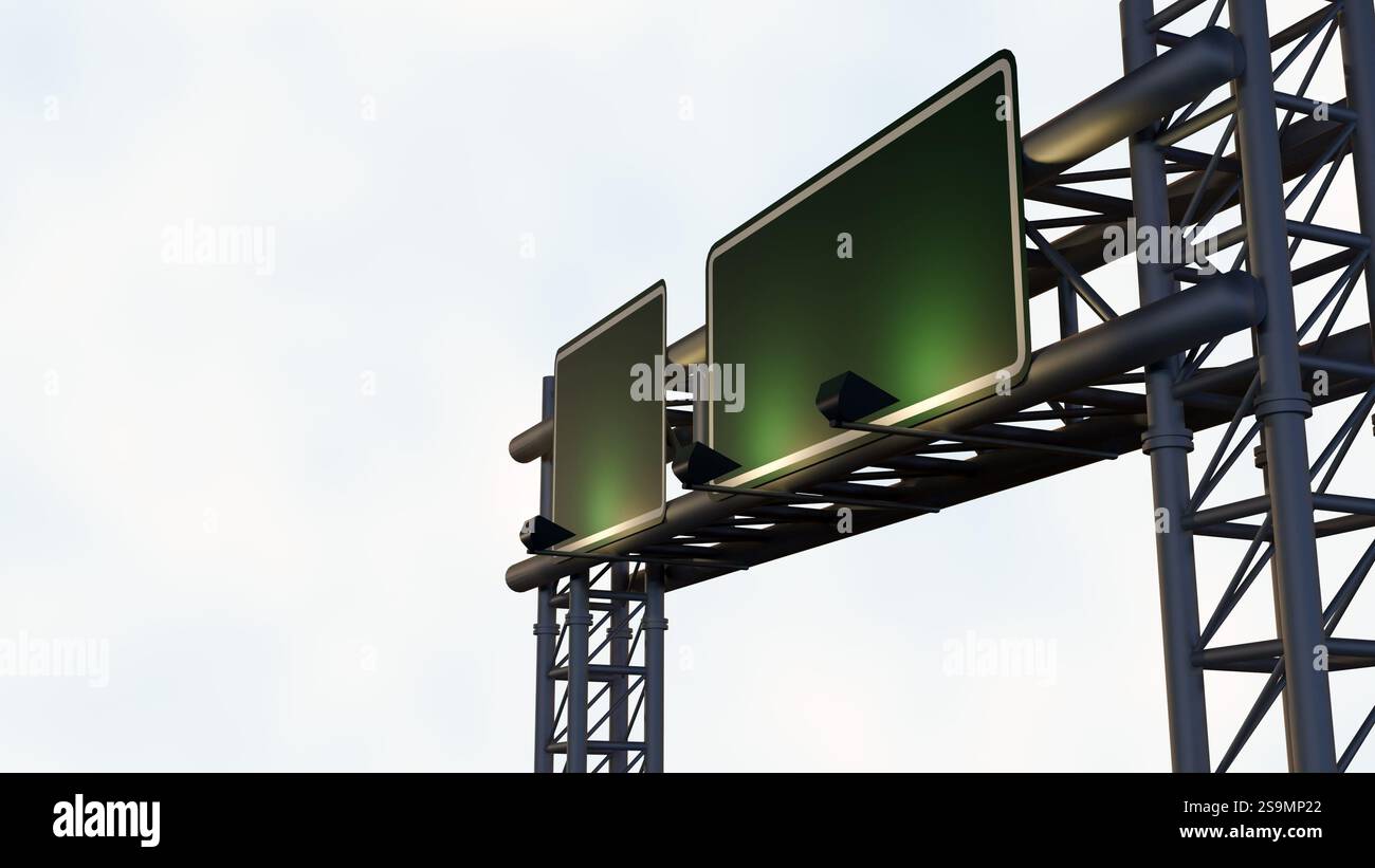 A 3D rendering depicts green rectangular signboards with silver trim ...