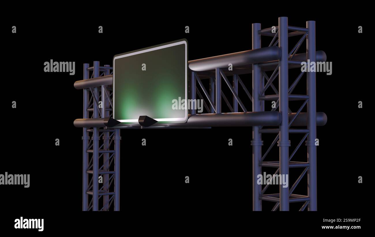 A 3D rendering depicts green rectangular signboards with silver trim ...