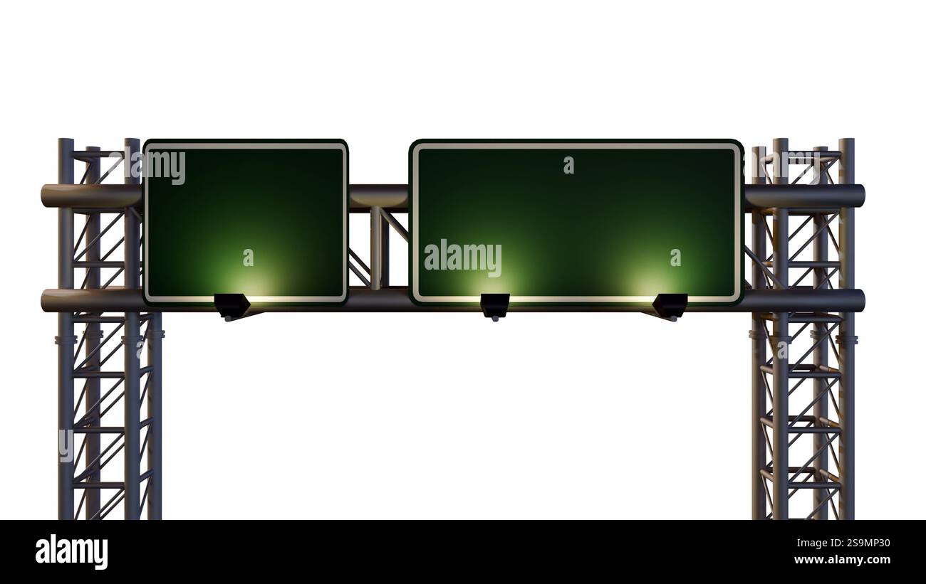 A 3D rendering depicts green rectangular signboards with silver trim ...
