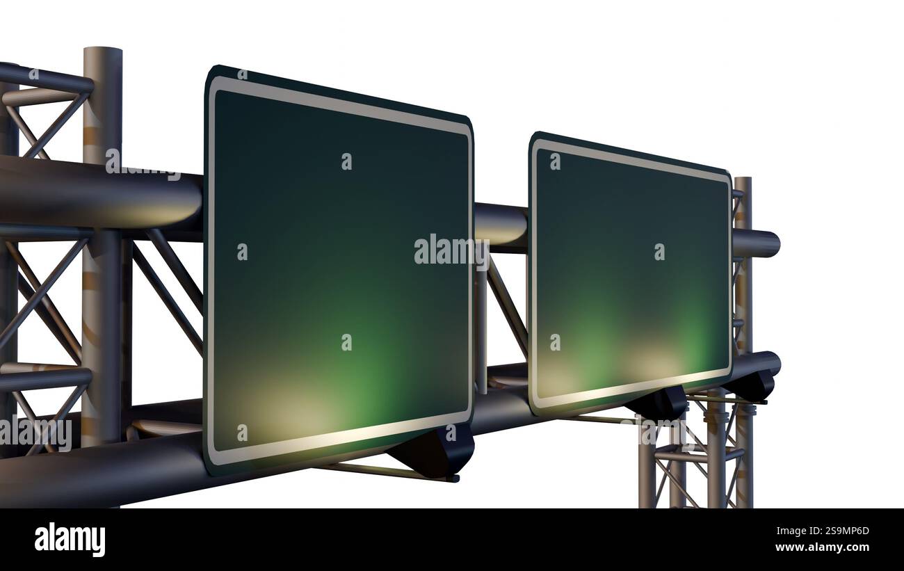 A 3D rendering depicts green rectangular signboards with silver trim ...