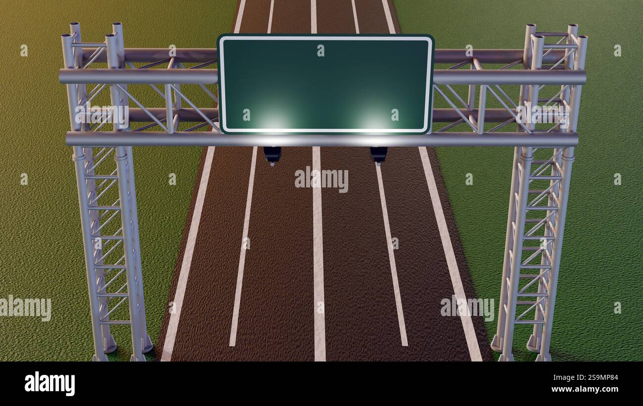 A 3D rendering depicts green rectangular signboards with silver trim ...