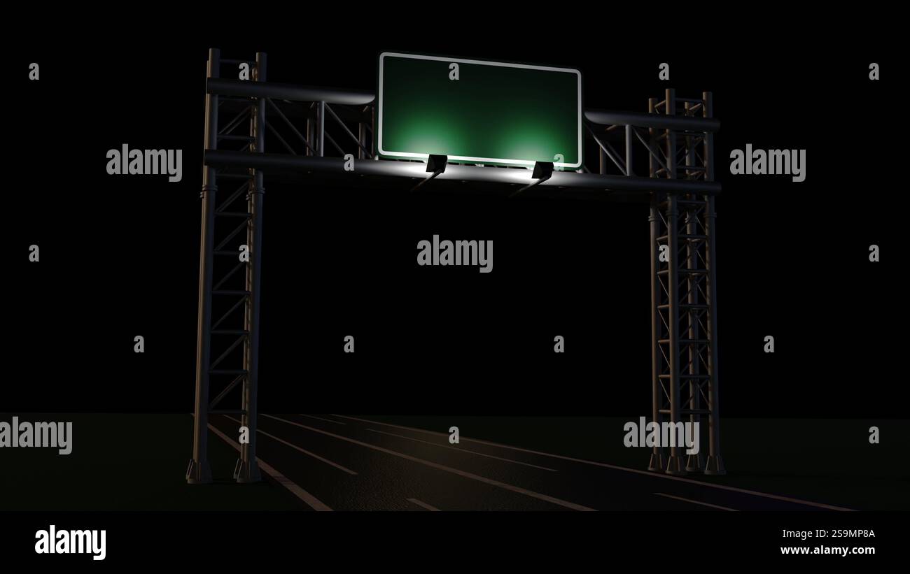 A 3D rendering depicts green rectangular signboards with silver trim ...