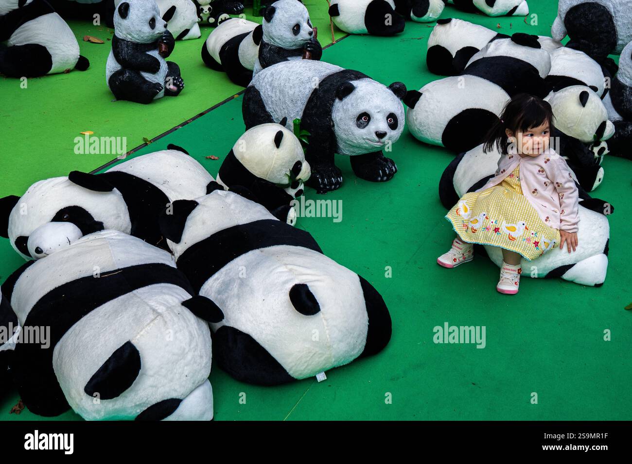 A kid plays with the panda sculpture installations at the shopping mall ...