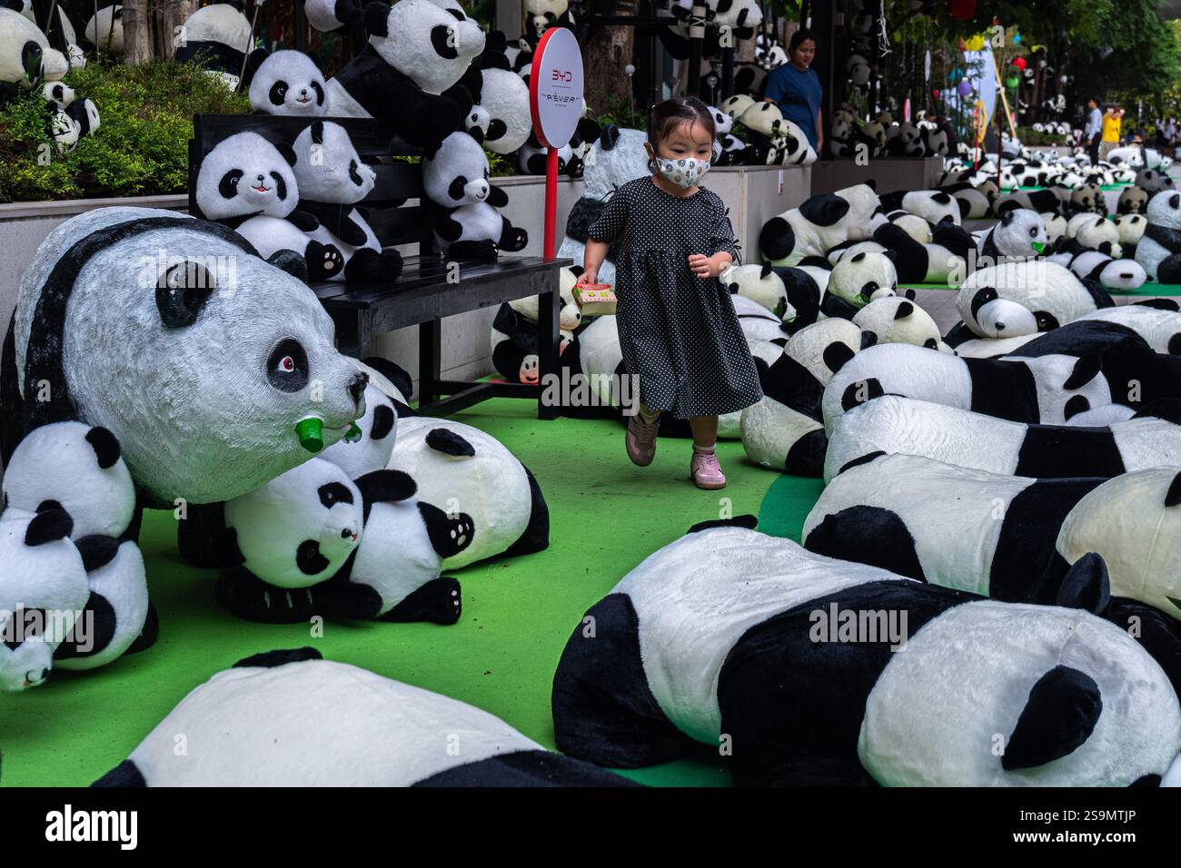 Bangkok, Thailand. 27th Jan, 2025. A kid plays with the panda sculpture ...