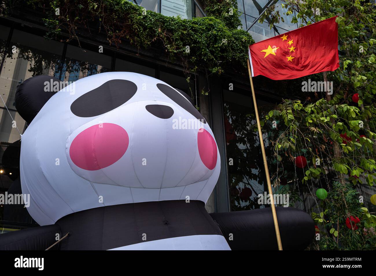 A huge panda balloon installation seen set up in front of the shopping ...