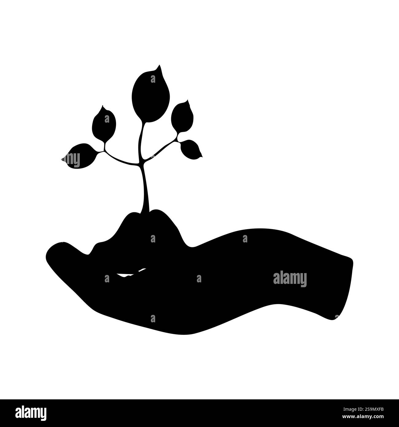Icon of hand holding plant. Human hand holding small tree. Black sign ...