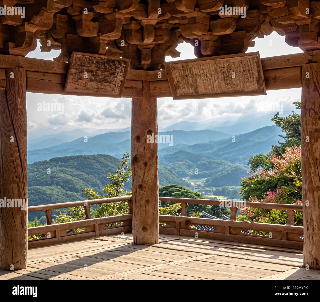 Traditional Korean architecture and mountains view at Buseoksa Buddhist ...