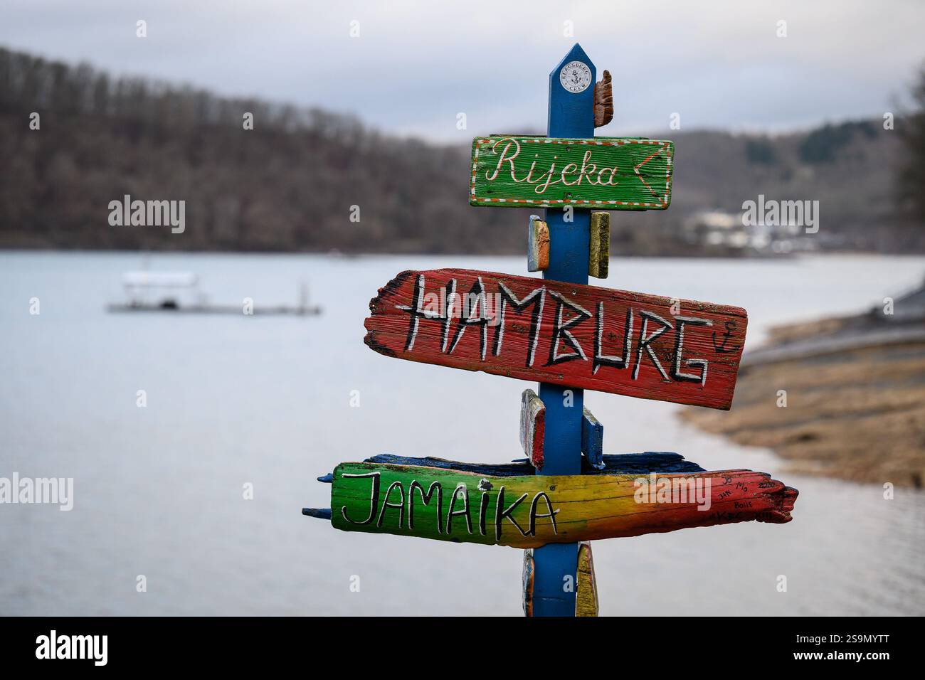 Waldeck, Germany. 27th Jan, 2025. A colorful signpost with national ...