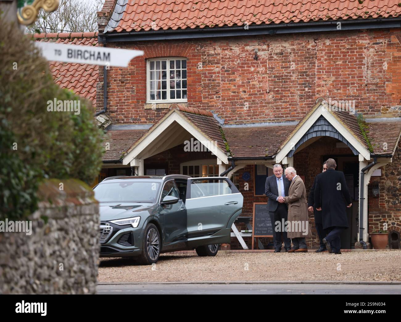 Flitcham, UK. 26th Jan, 2025. King Charles III leaves the Flitcham ...