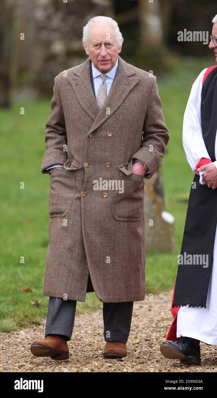 Flitcham, UK. 26th Jan, 2025. King Charles III attends the Sunday ...