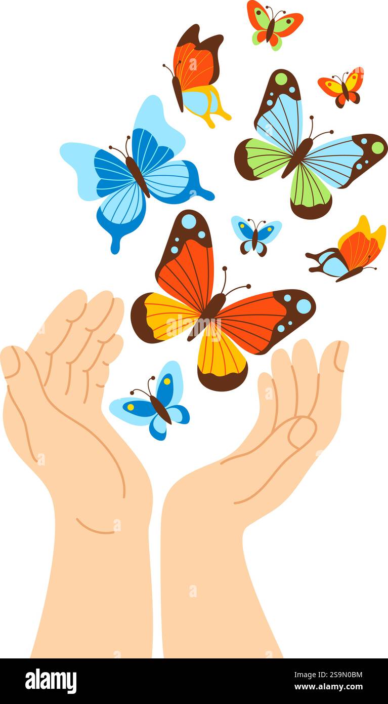 Hands releasing colorful butterflies. Butterfly symbol freedom, transformation, and connection ...