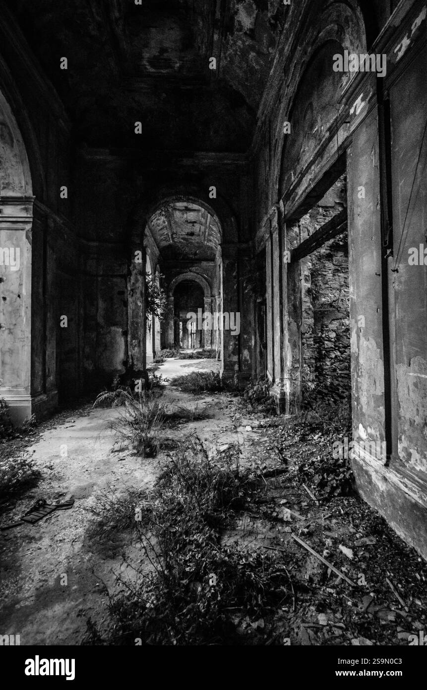 Inside an abandoned structure, neglected walls show signs of decay ...