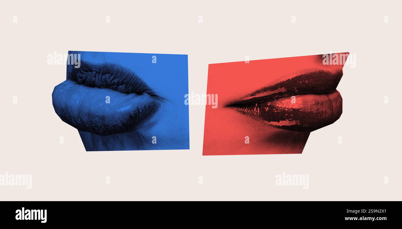 Composite artwork. Contrasting lips in blue and red, silently pressed ...