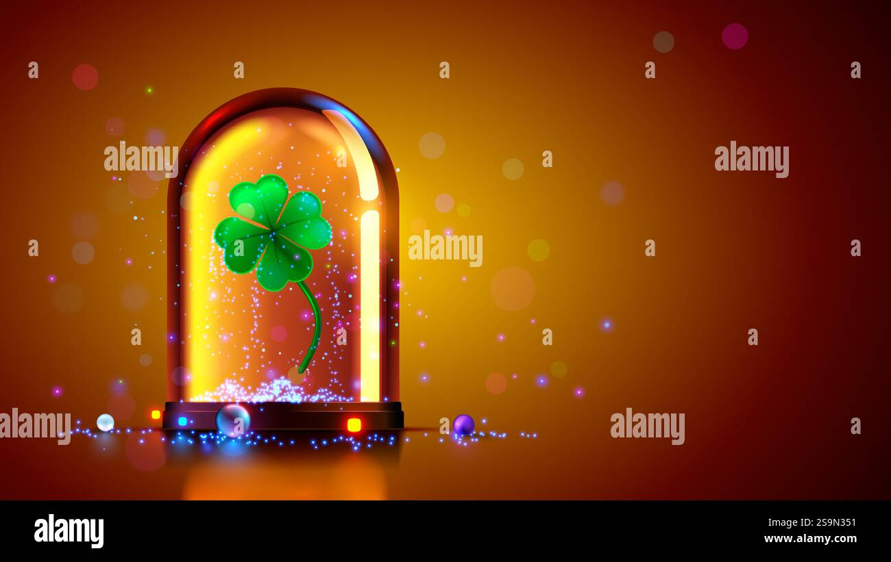 Four-leaf clover in glass flask. A magical clover that brings good luck ...
