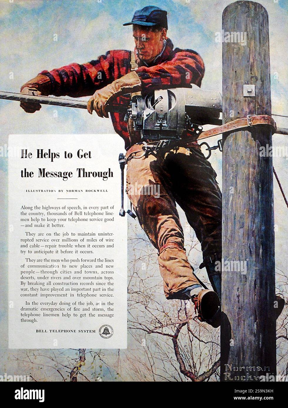 1949 Bell Telephone Ad featuring a Lineman artwork by Norman Rockwell ...