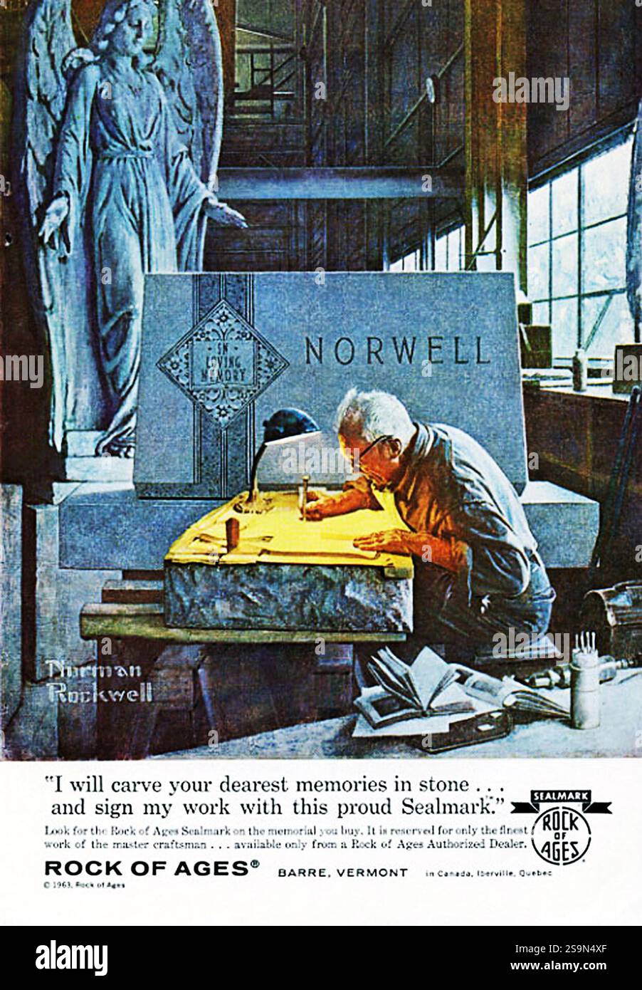 1963 Rock of Ages Headstones Ad featuring Norman Rockwell artwork Stock ...