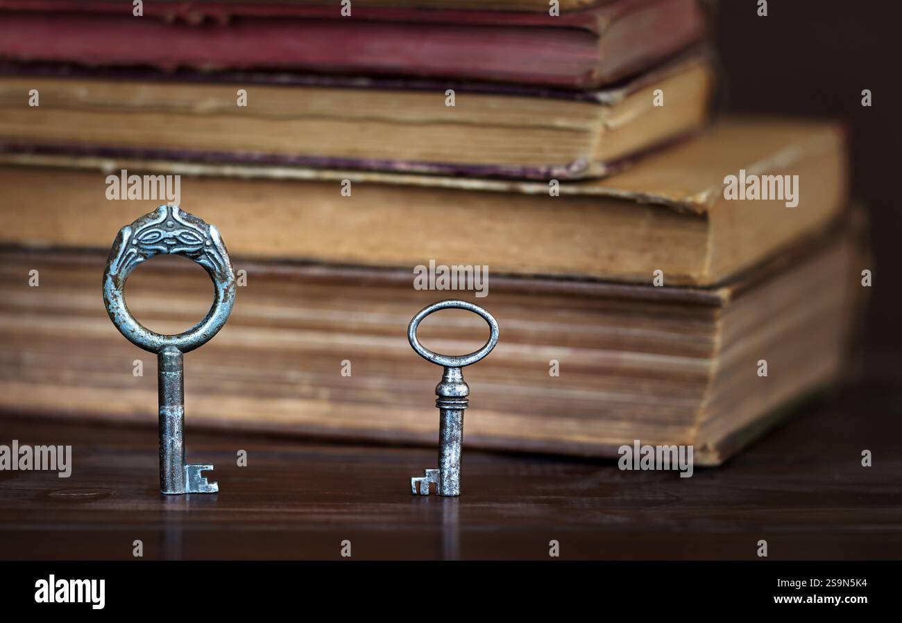 Old vintage keys and books. Escape room game background Stock Photo - Alamy