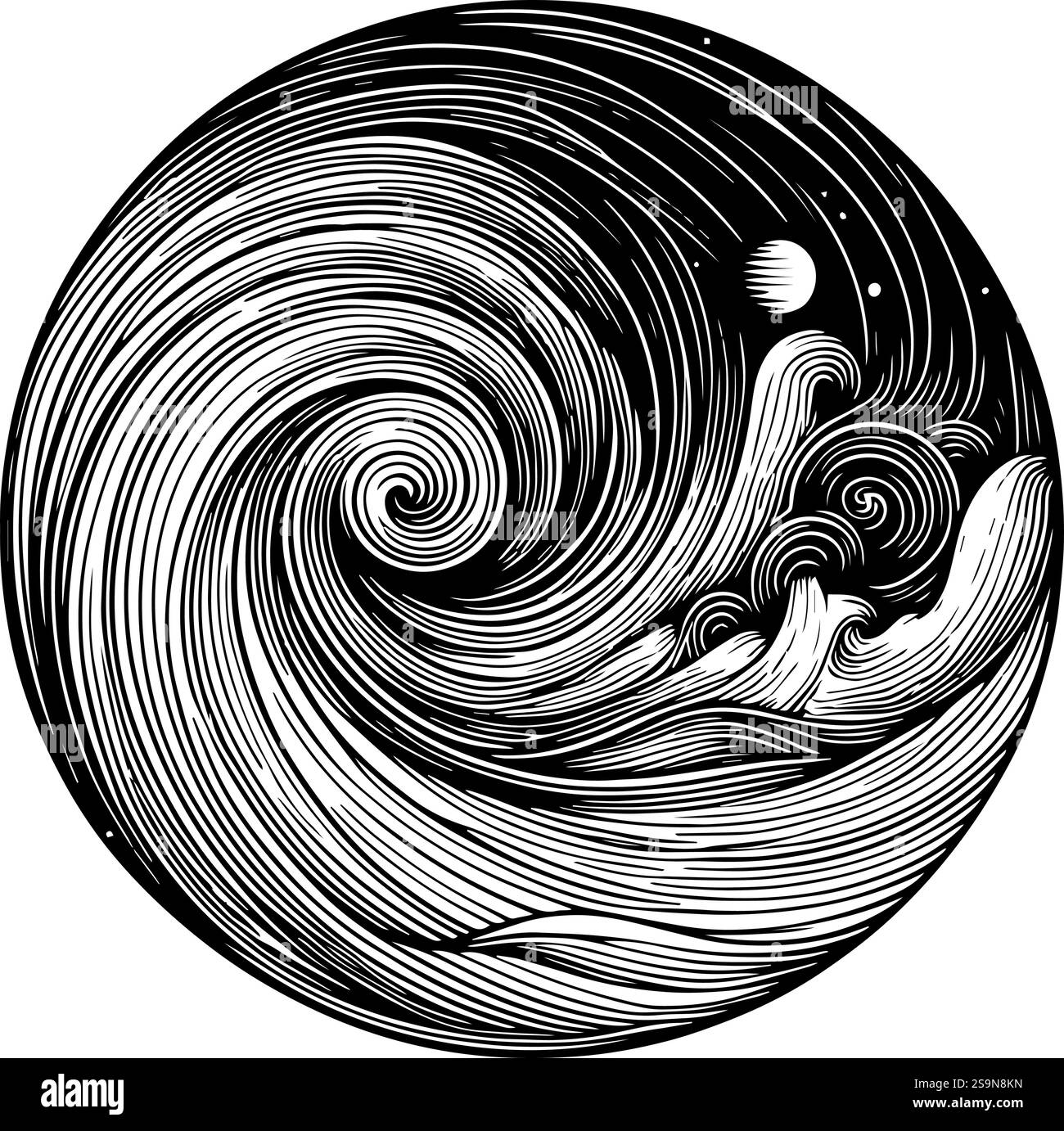 Black and white, stylized illustration of a swirling wave is contained ...