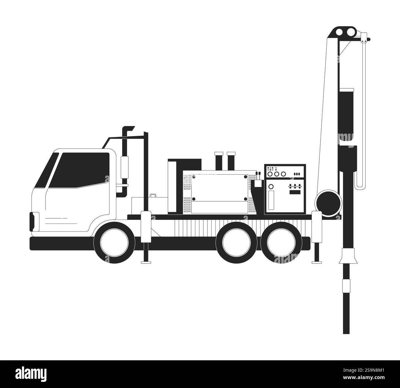 Water well drilling rig with truck and machinery black and white 2D ...