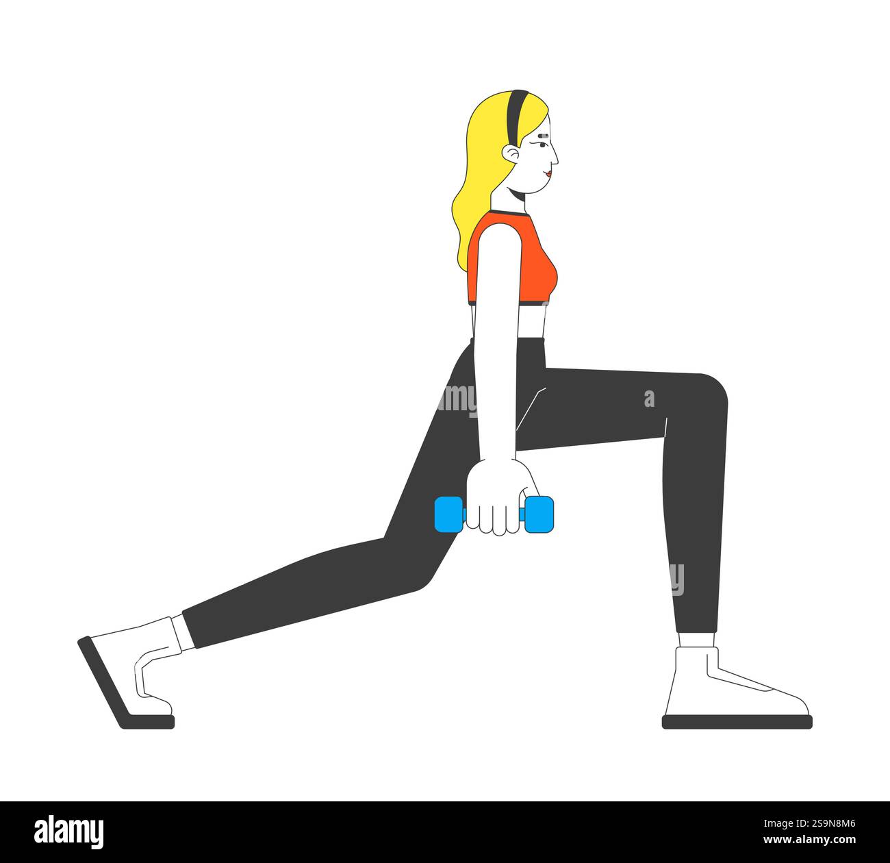 Blonde woman performing lunges while holding dumbbells 2D cartoon ...