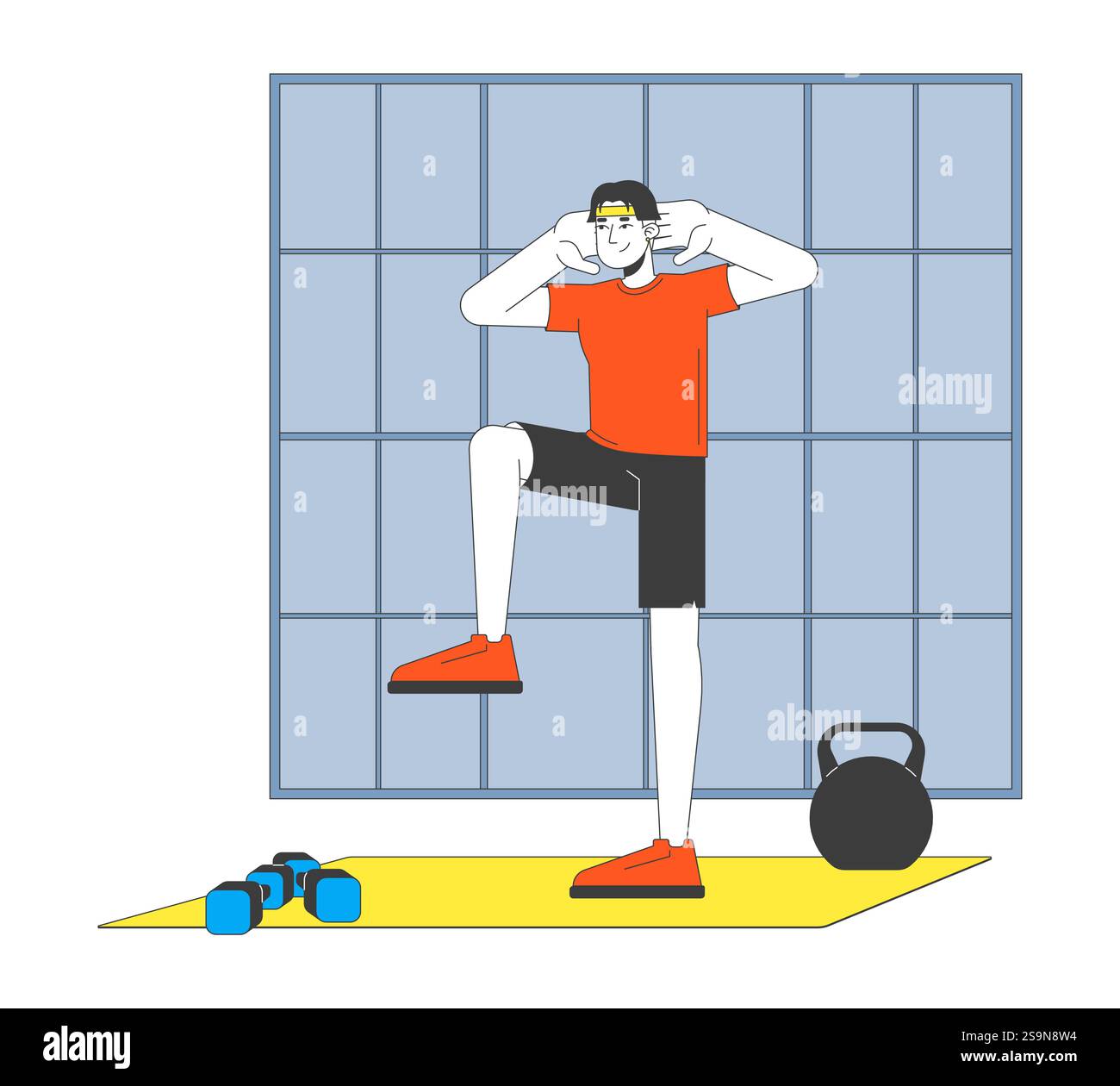 Korean man in activewear performing knee lift exercise 2D cartoon ...