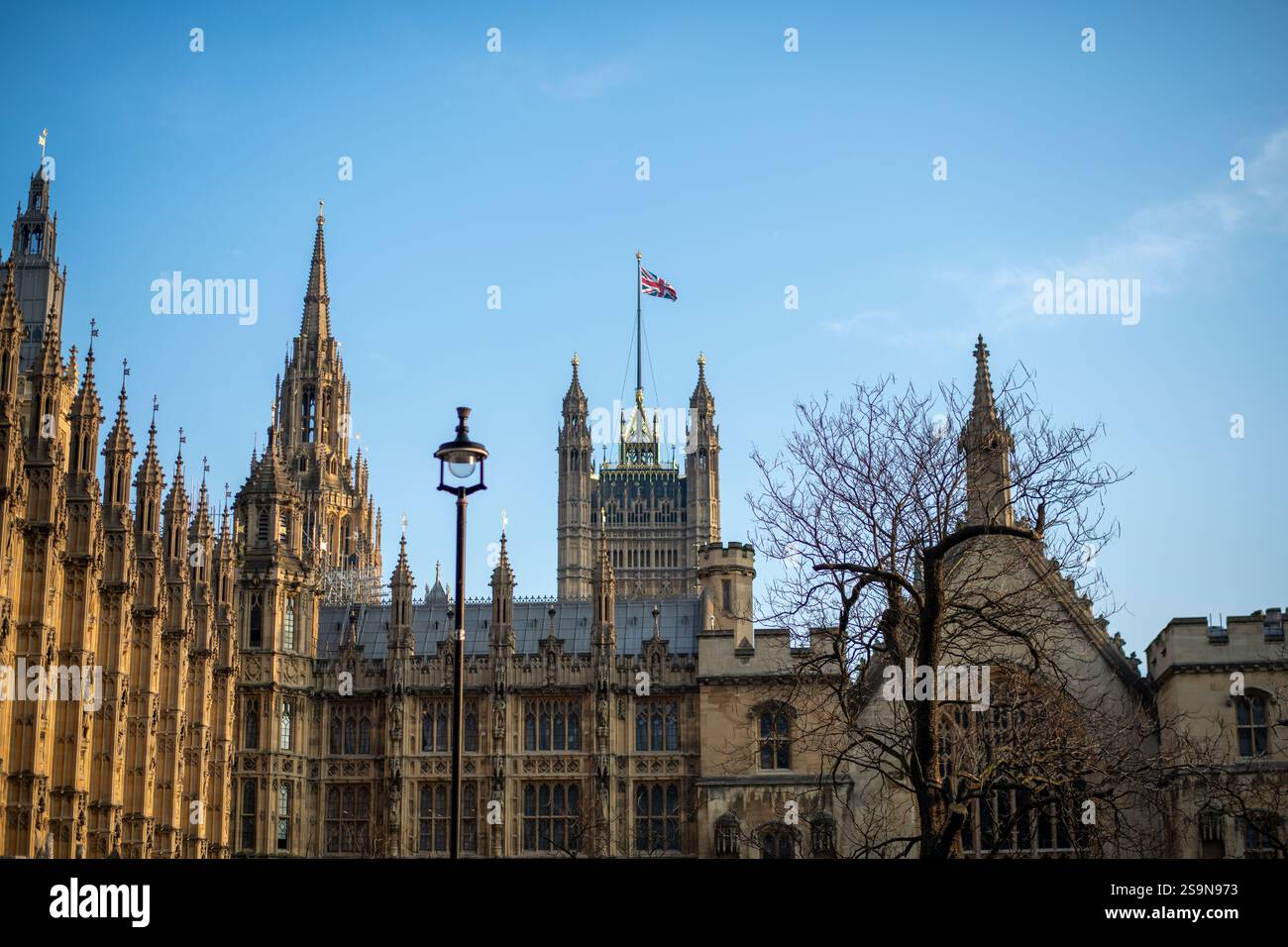 London House of Parliment at golden hour British flag flying Stock ...