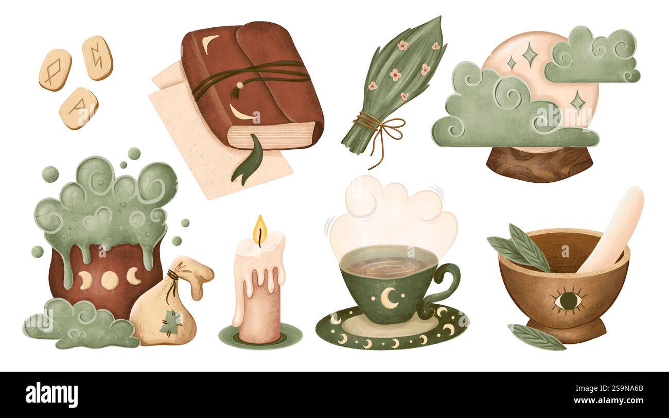 Witchcraft, magic tools for witches. Vintage collection. Hand drawn ...