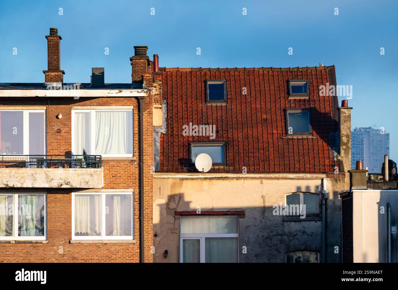 Facade of houses in a row, high angle view, Jette, Brussels, Belgium ...