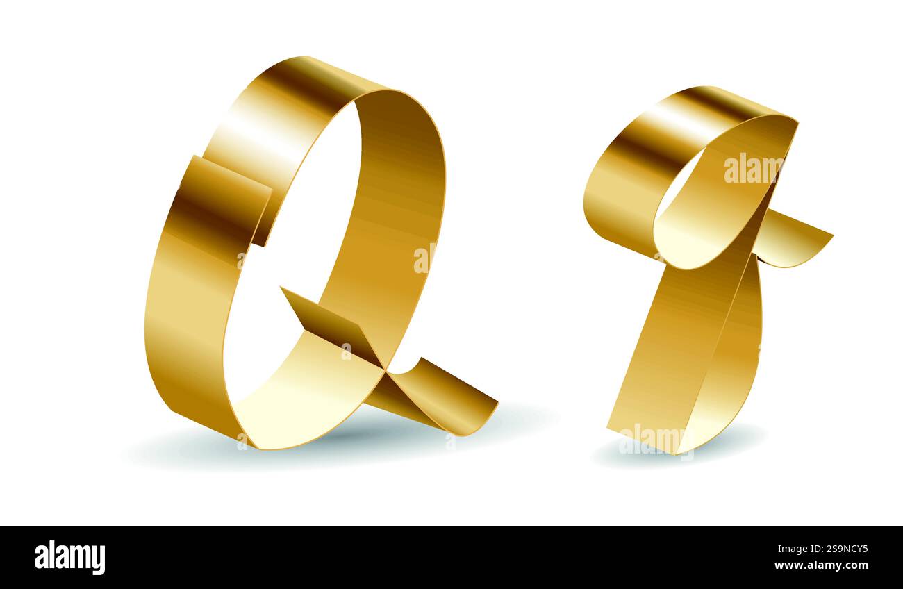 Golden Q letter of English alphabet. Character in gold ribbon for ...
