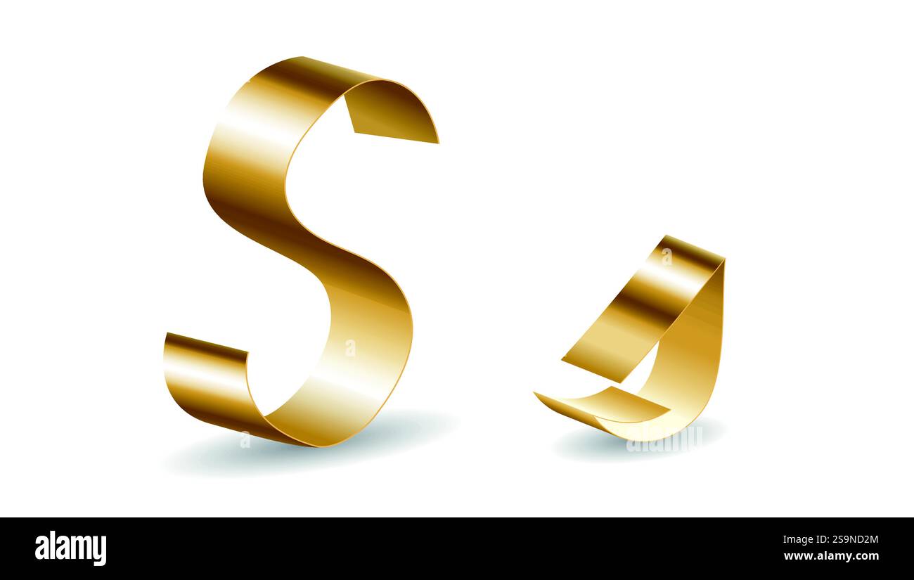 Golden S letter of English font. Character S in gold ribbon for ...