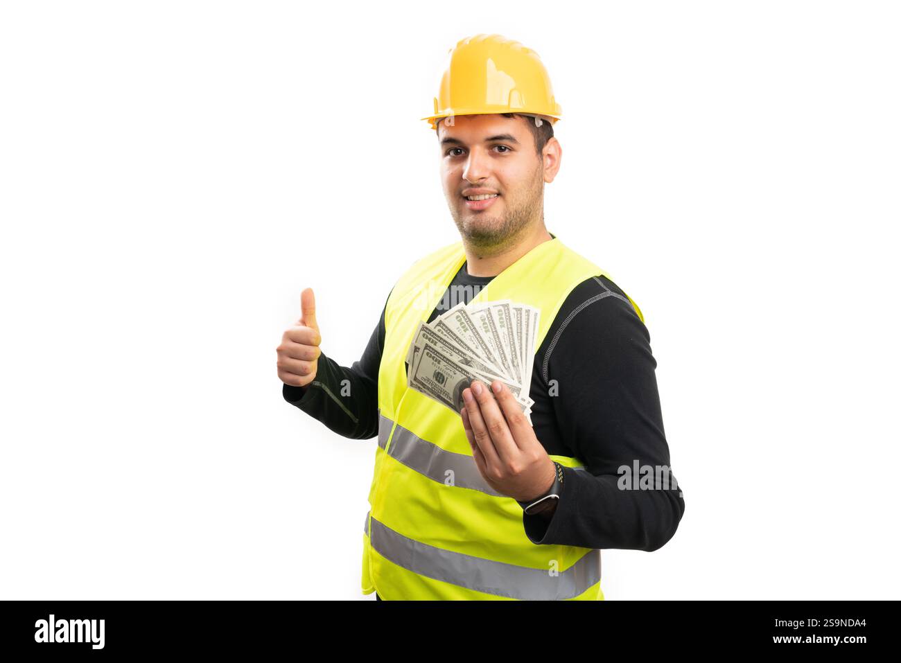 Happy male construction worker showing like gesture using thumb-up ...