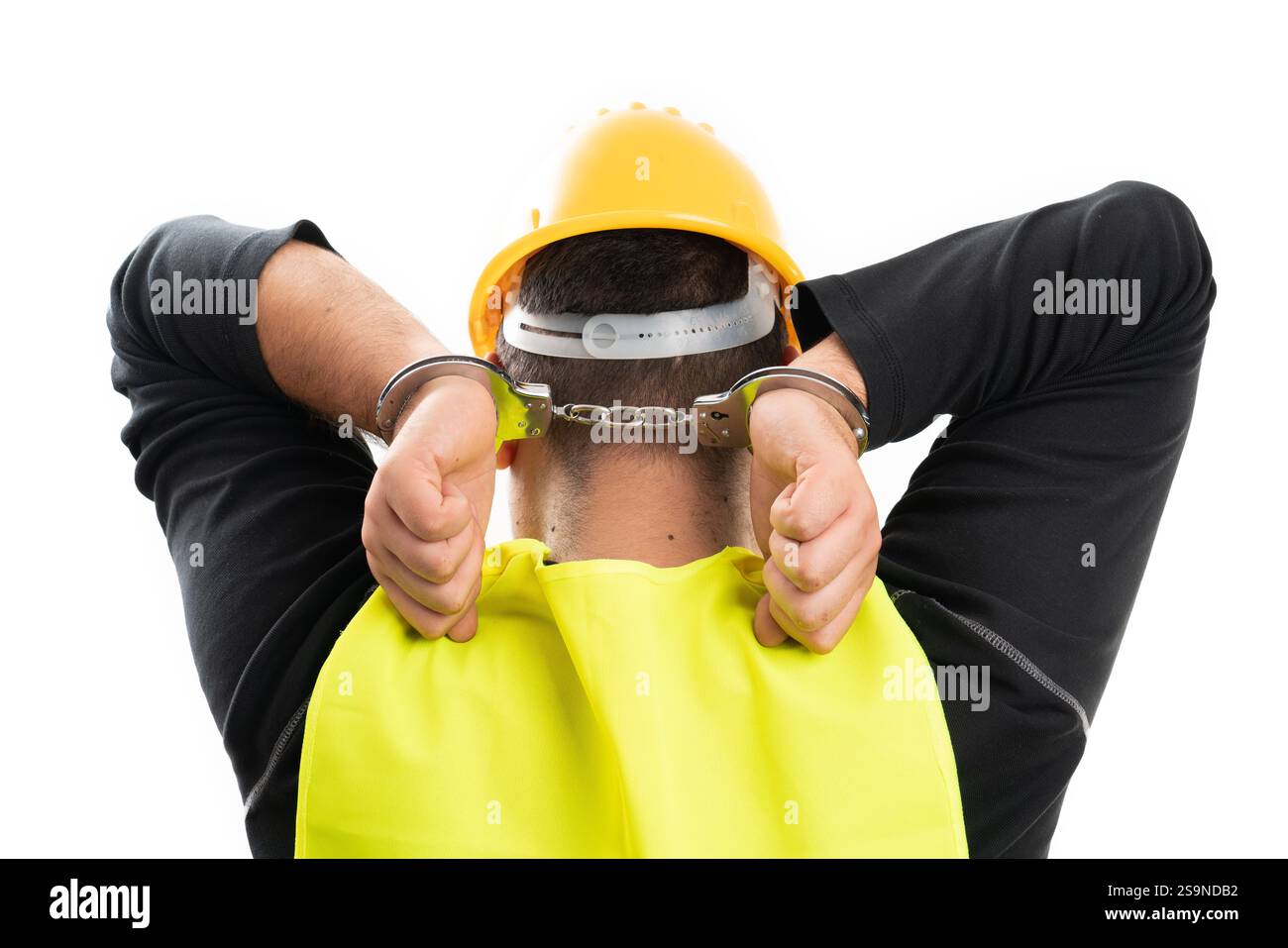 Corrupted male builder wearing work clothing fluorescent vest and ...