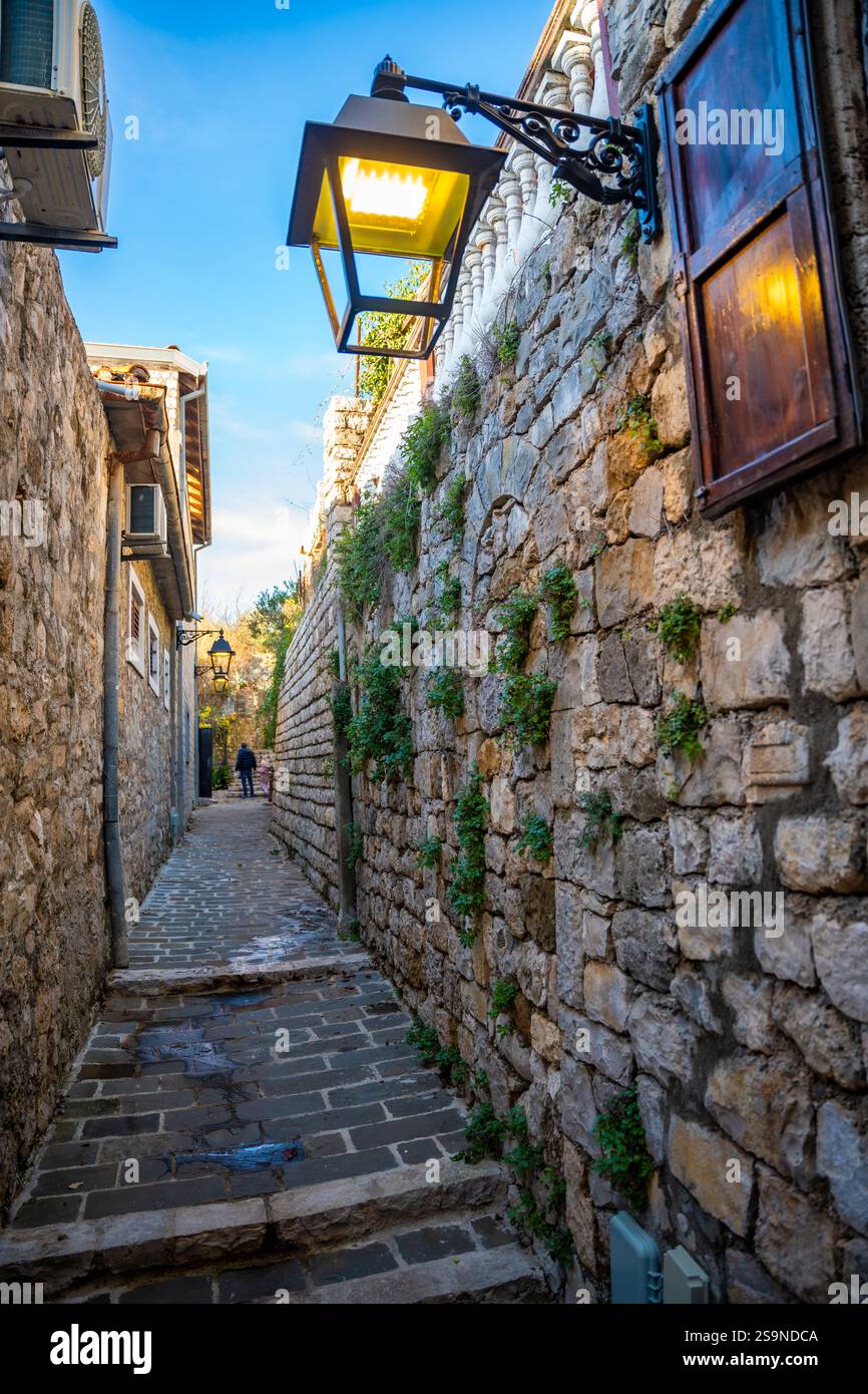 Narrow street in Ulcinj Old Town in Montenegro, the southernmost city ...