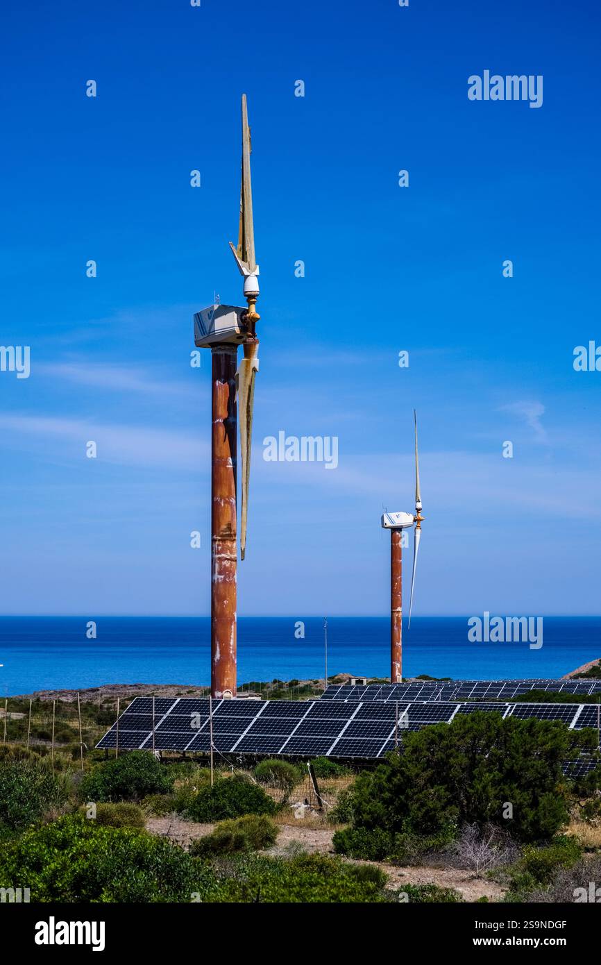 Ruins of wind turbines on the north coast of the Isola di San Pietro ...