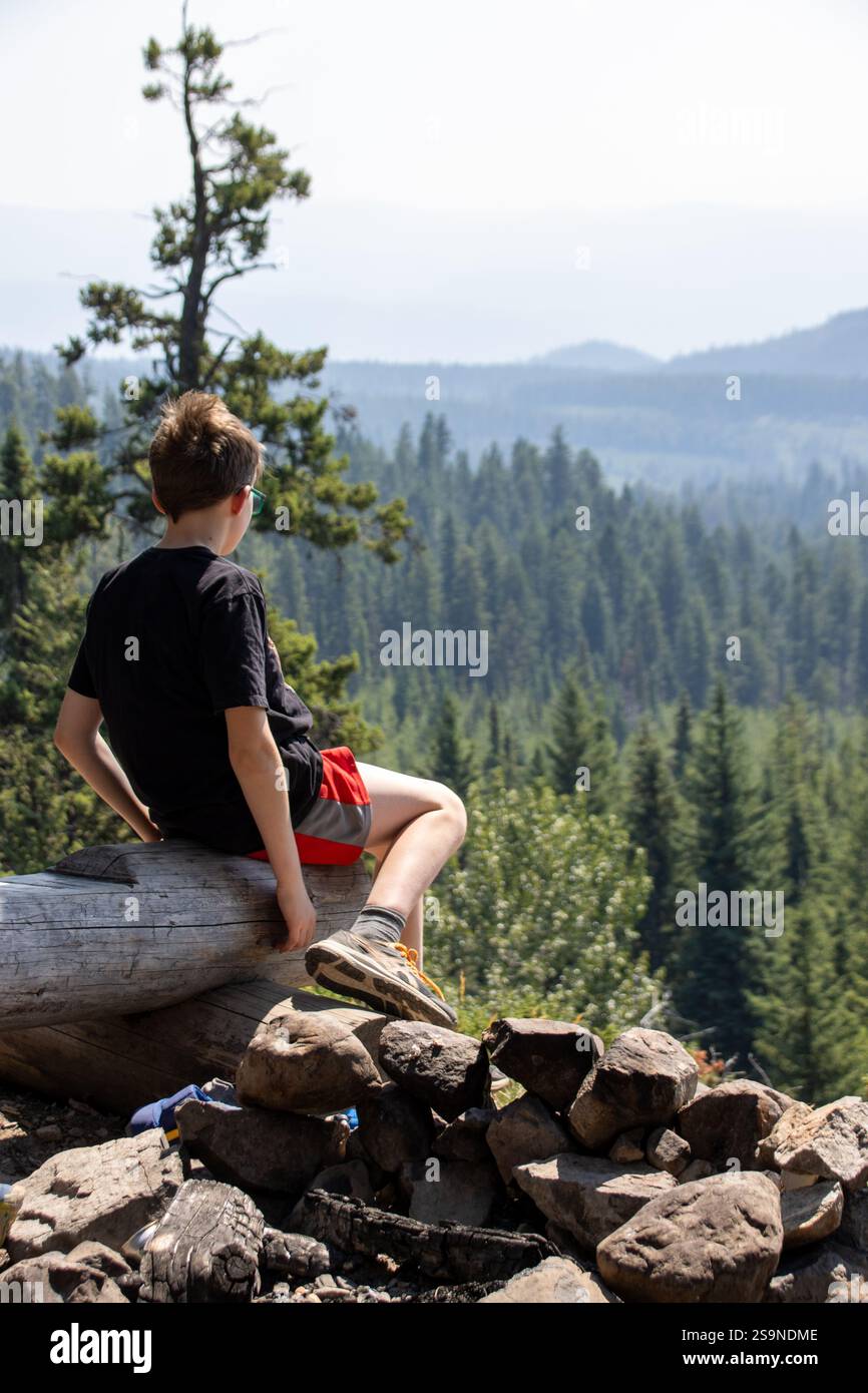 Youth boy sitting on log overlooking horizon and scenic treed valley ...