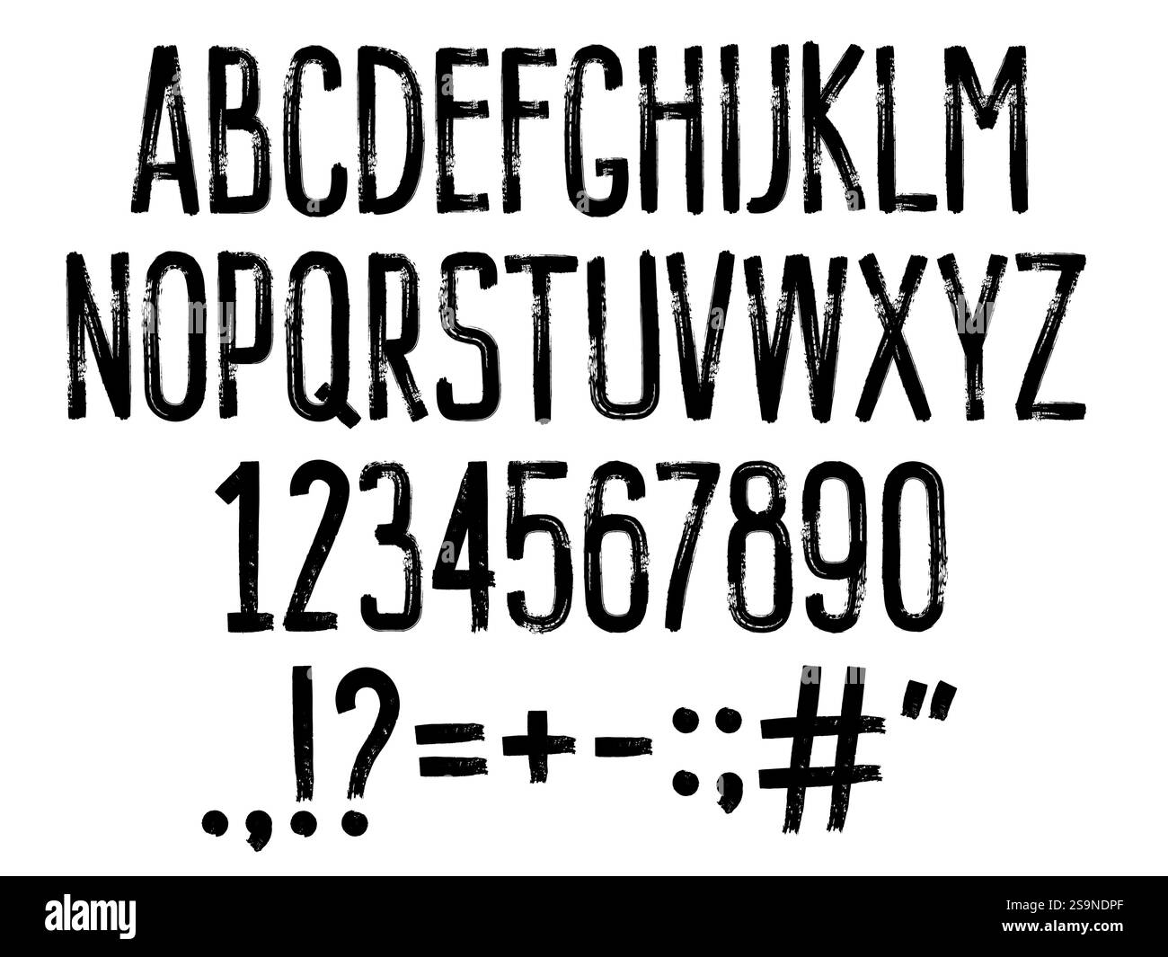 Brush letters, numbers. Handwritten font with rough brush paint uppercase and lowercase letters ...