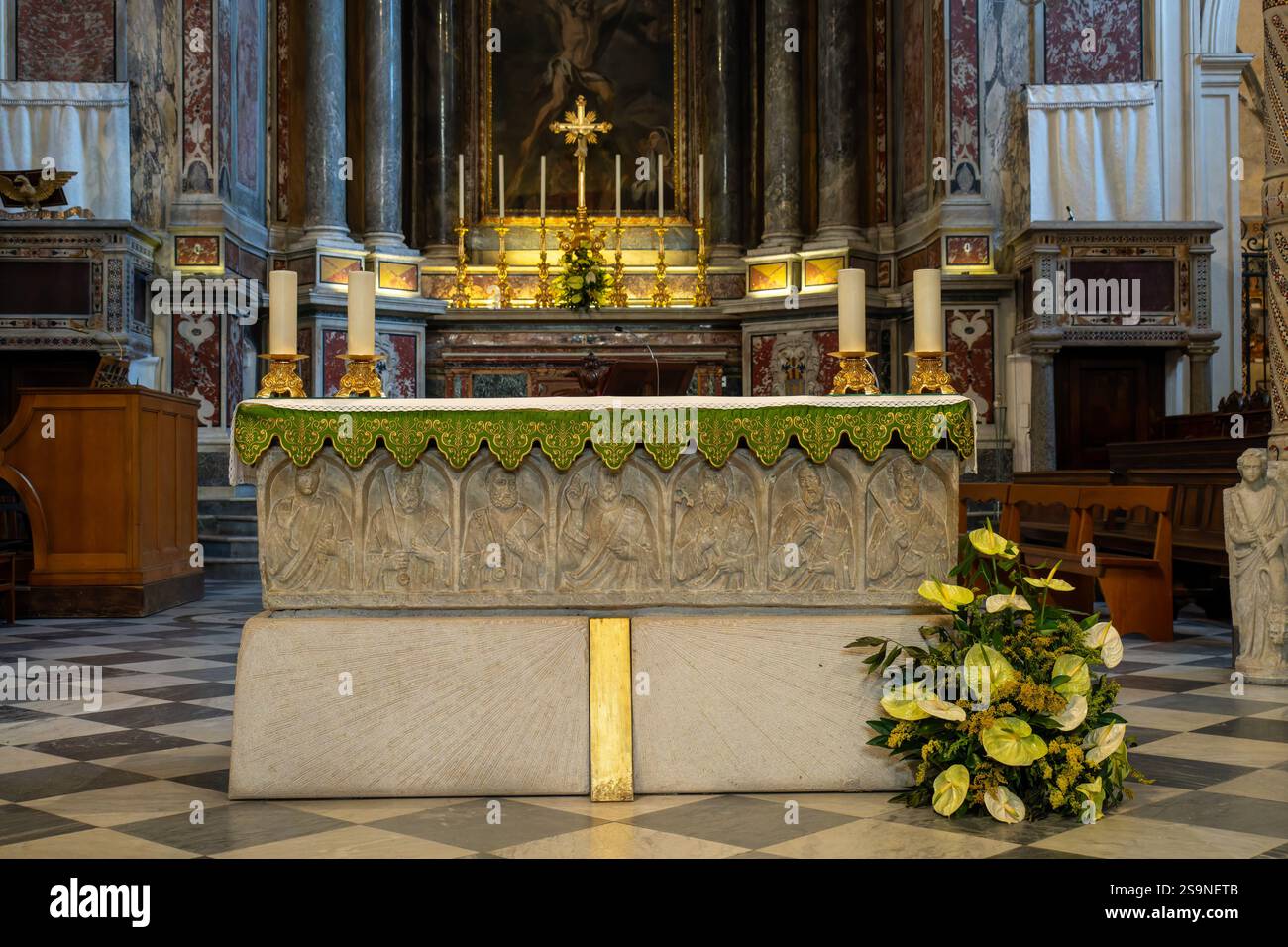 The main altar with bas relief sculptures in the Duomo of Amalfi, the ...