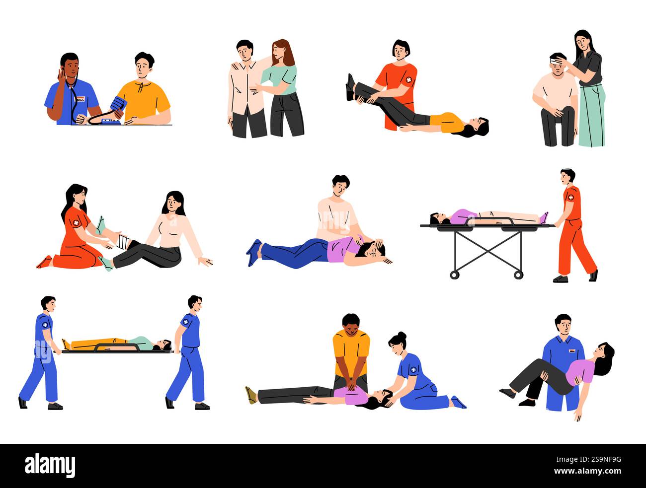 Emergency help. First medical aid CPR training, doctors nurses paramedics aiding with heart ...