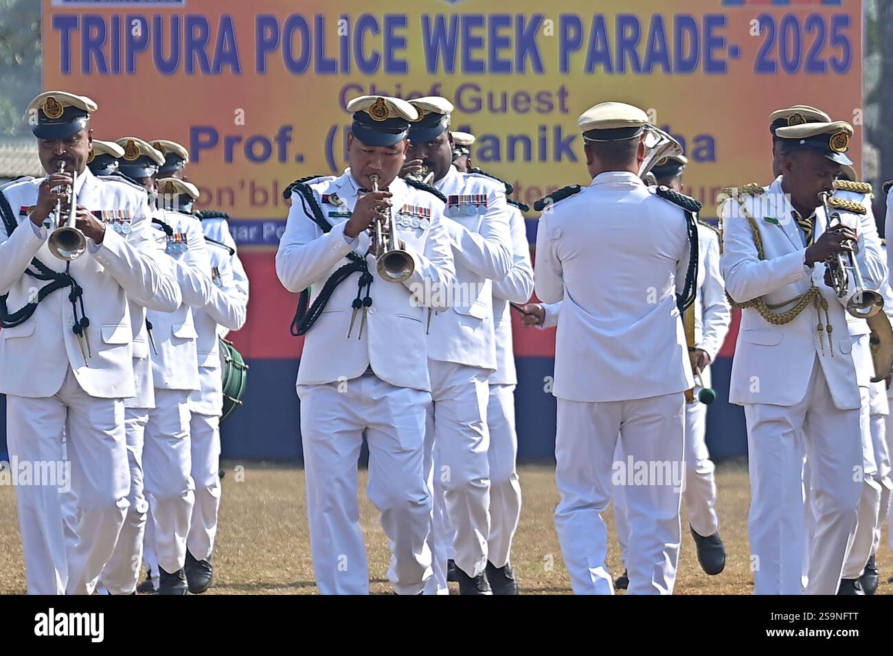 Police personnel from the police band performing at a parade during the ...