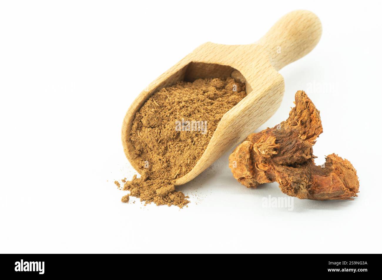 Galangal root and galanga powder isolated on white background. Healthy ...