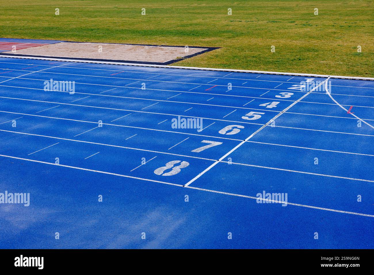 Blue running tracks with white numbers on them. A large soccer field ...
